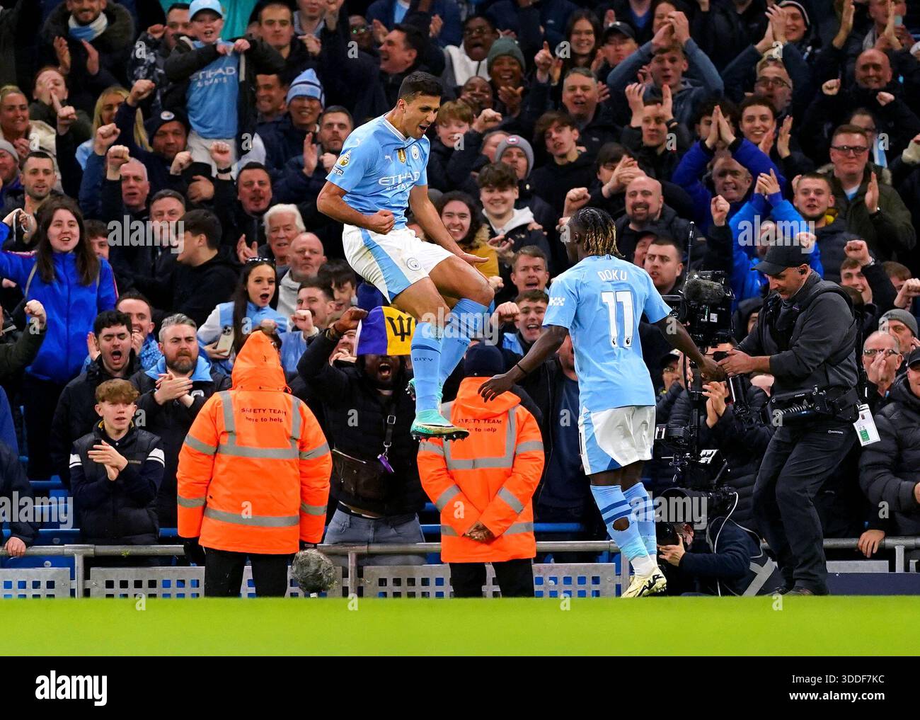 File photo dated 03/04/2024 of Rodri and Jeremy Doku, who could feature ...
