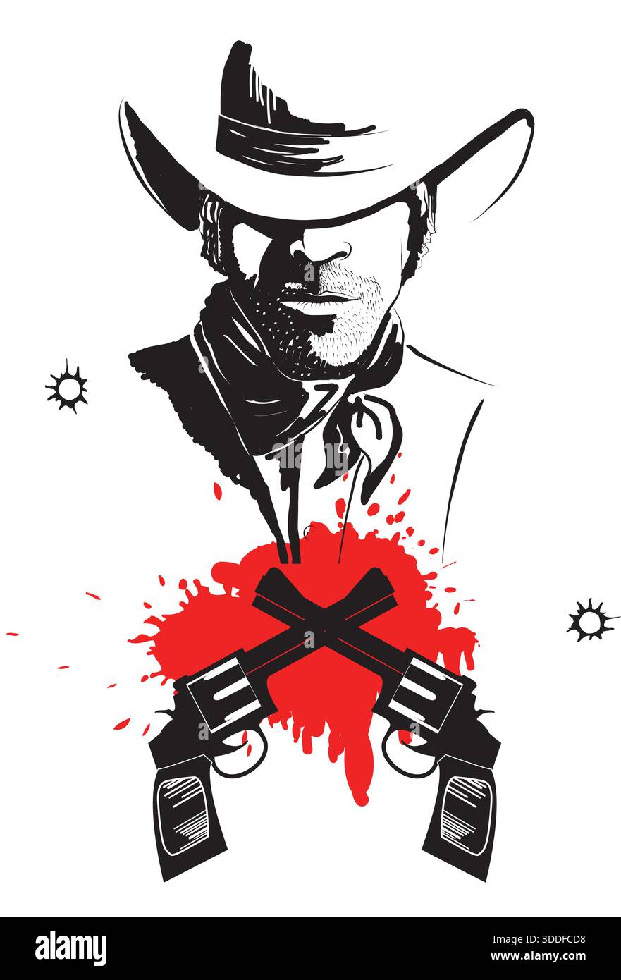 Vector illustration of a stern cowboy in a Wild West style, featuring a ...