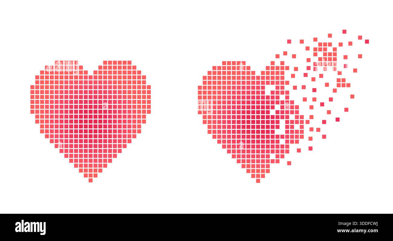 Red pixelated vector heart shapes, square pixel shaped mosaic hearts ...