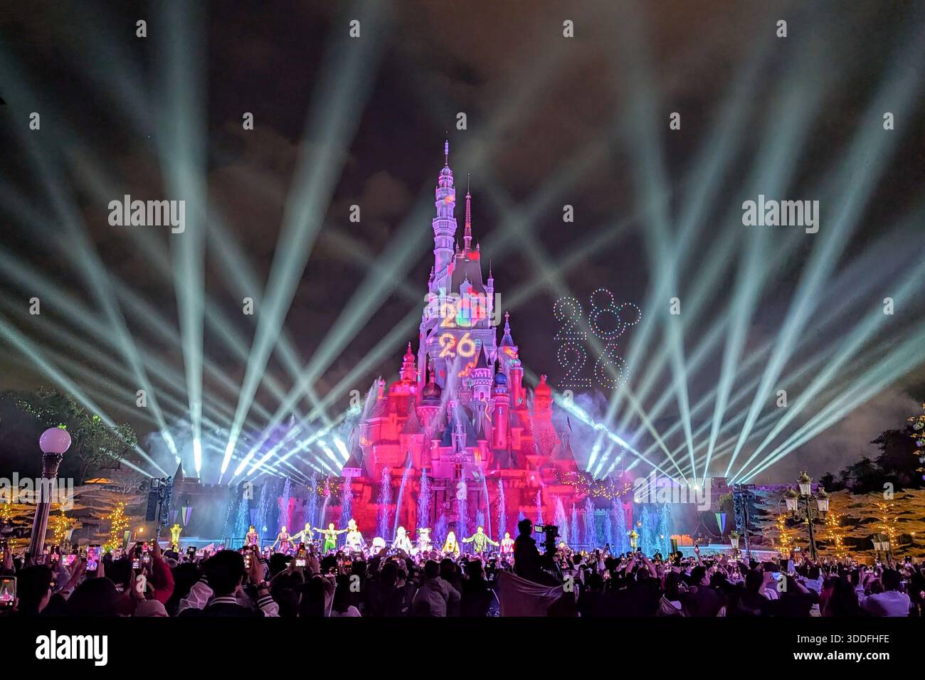 Tourists welcoming 2026 under LED light shows at Hong Kong Disneyland ...