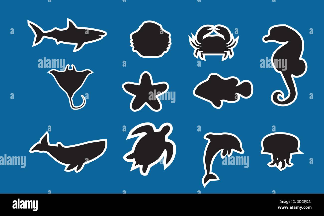 Sea Animals Silhouette Sticker Set Marine Life Icons Shark Whale ...