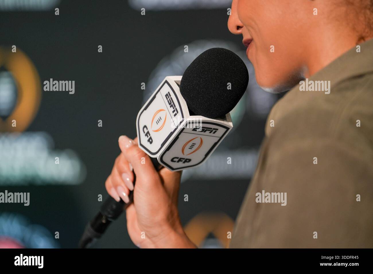 Detailed view of an ESPN College Football Playoff microphone during ...