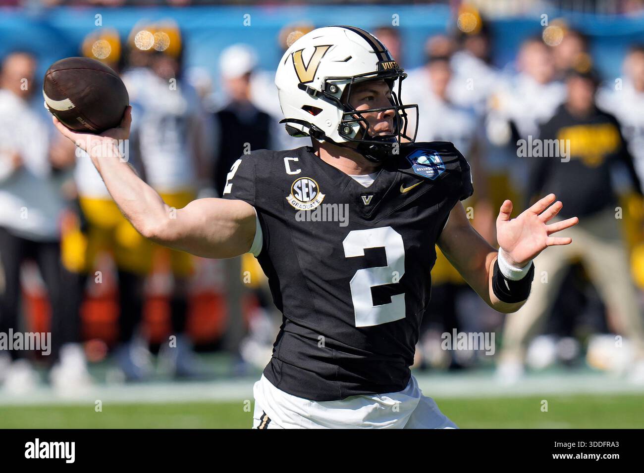 Vanderbilt quarterback Diego Pavia throws a pass against Iowa during ...