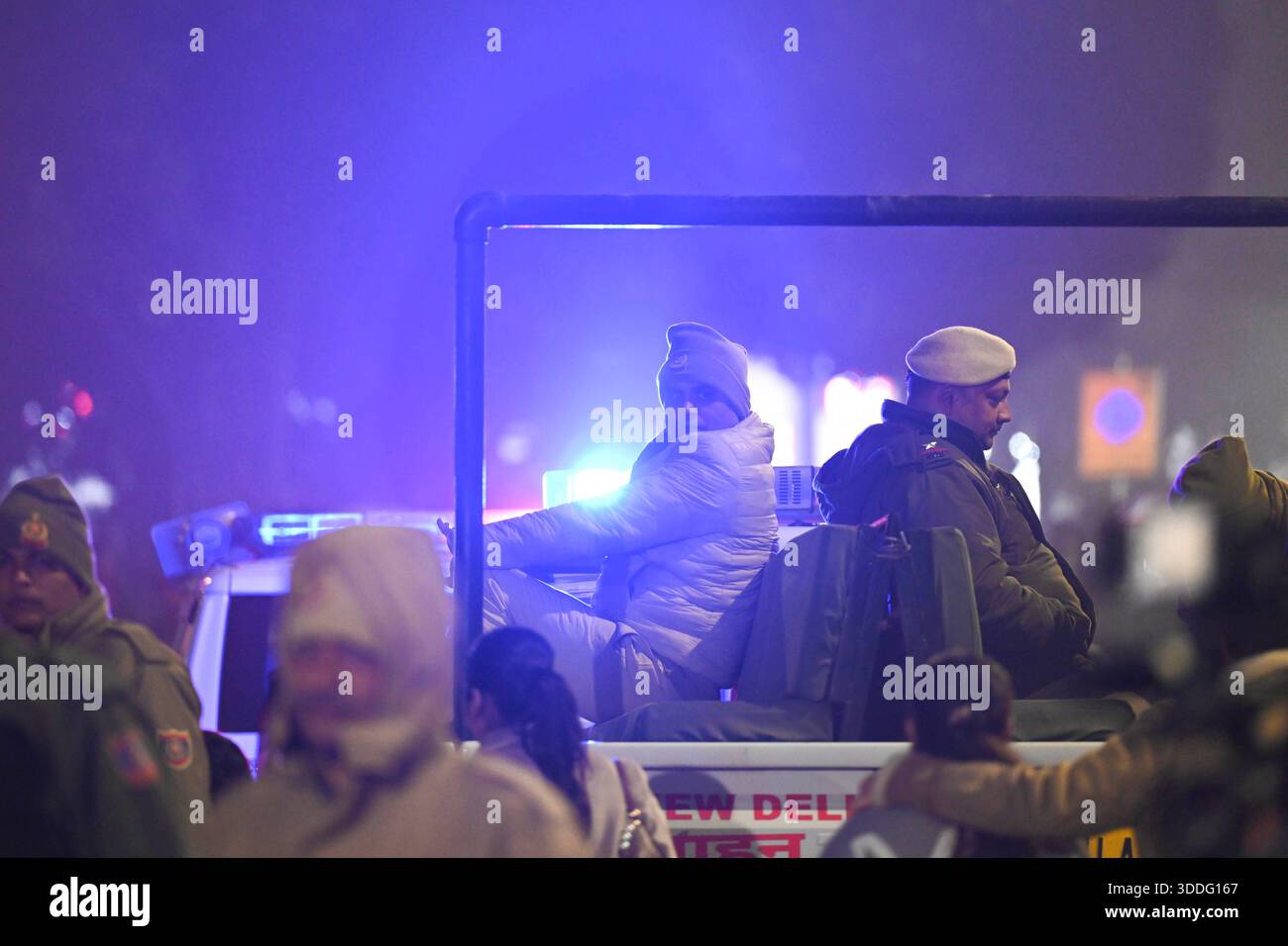 NEW DELHI, INDIA - DECEMBER 31: Delhi Police personnel barricade ...