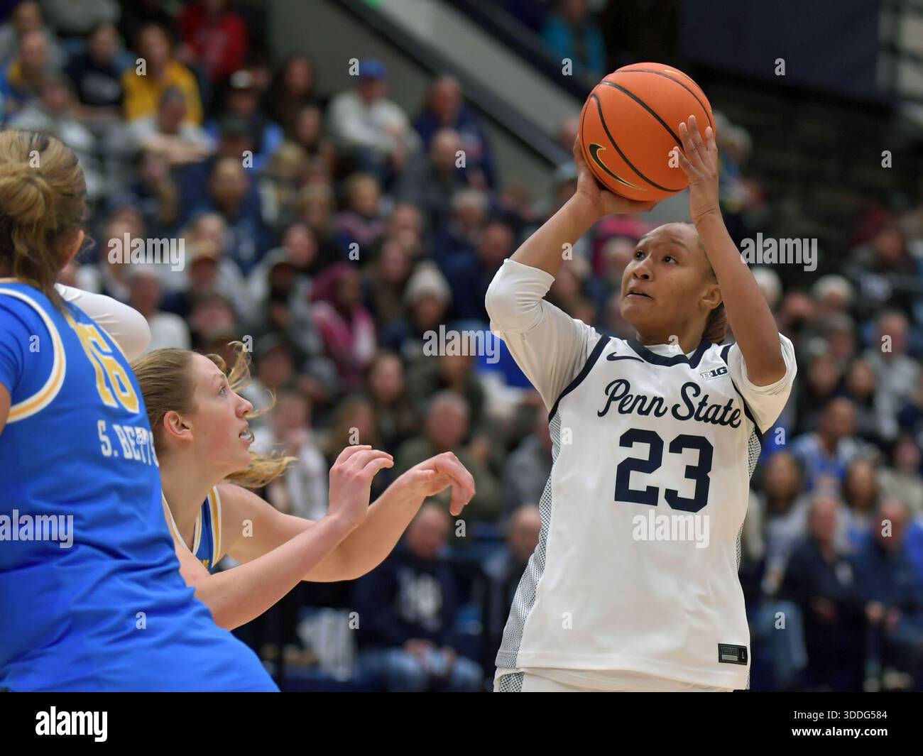Penn State's Kiyomi McMiller (23) pulls up to shoot on UCLA's Gianna ...
