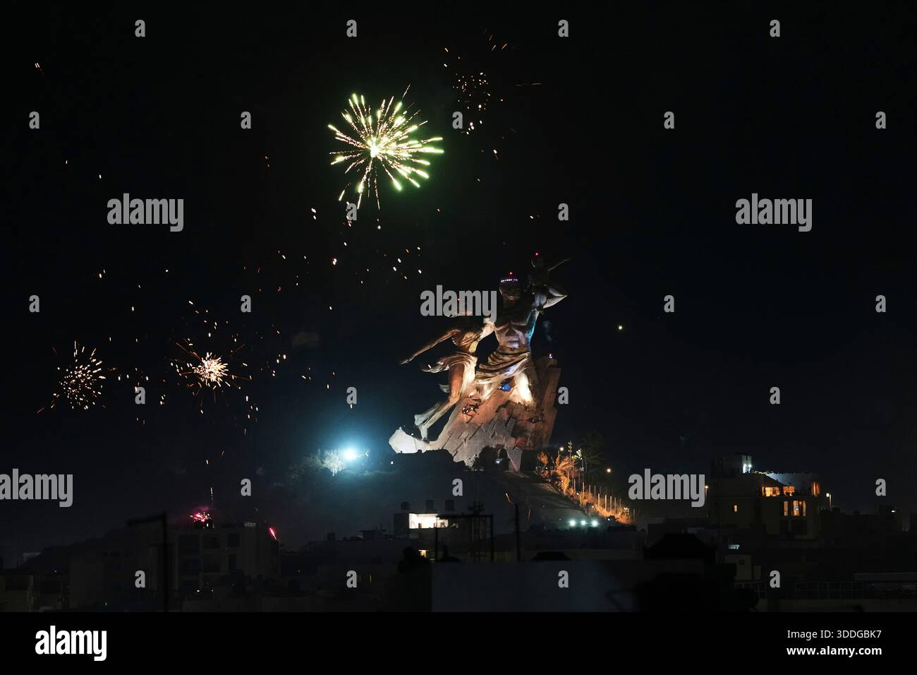 Fireworks light up the African Renaissance Monument in Dakar, Senegal ...