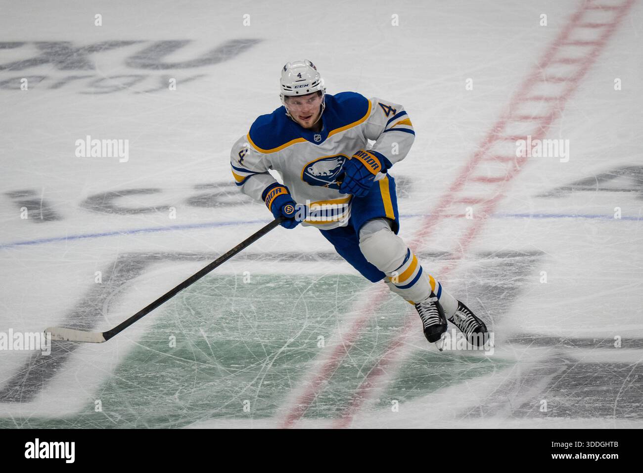 Buffalo Sabres defenseman Bowen Byram (4) looks to a team mate during ...