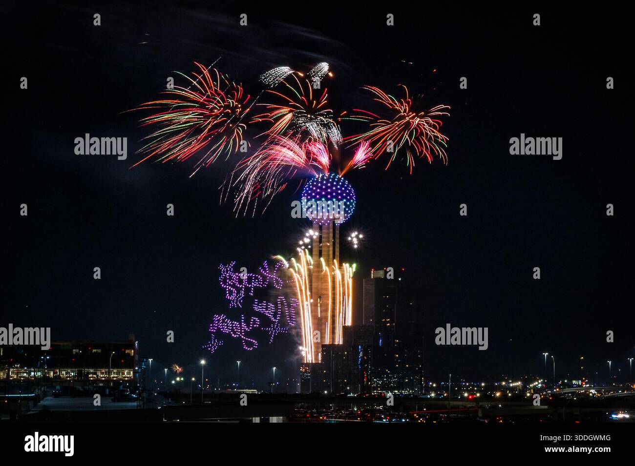 Fireworks and drone show at Reunion Tower are viewed from downtown ...