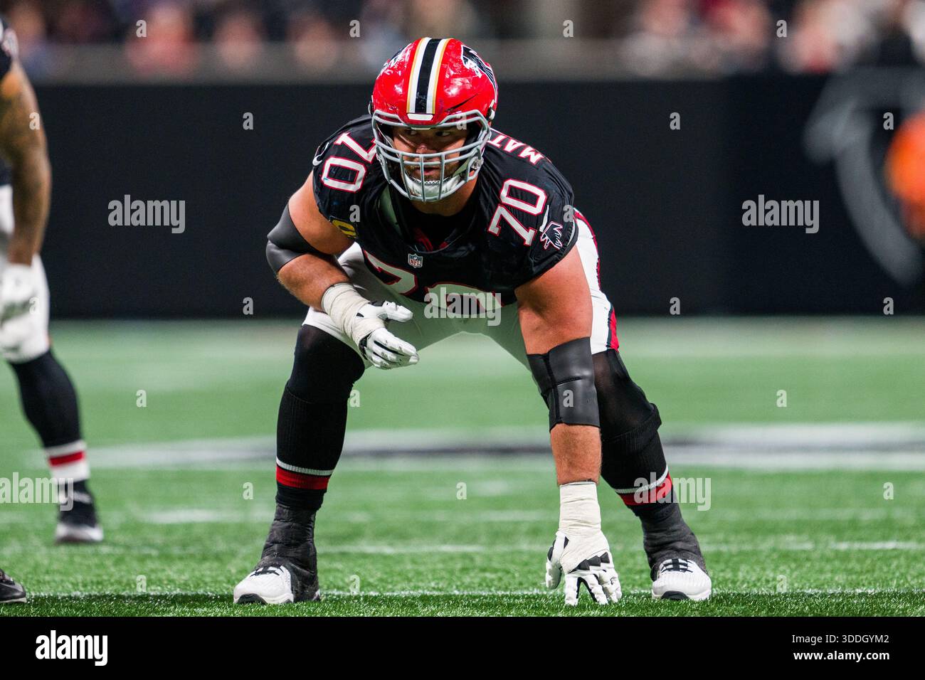 Atlanta Falcons offensive tackle Jake Matthews (70) lines up during the ...