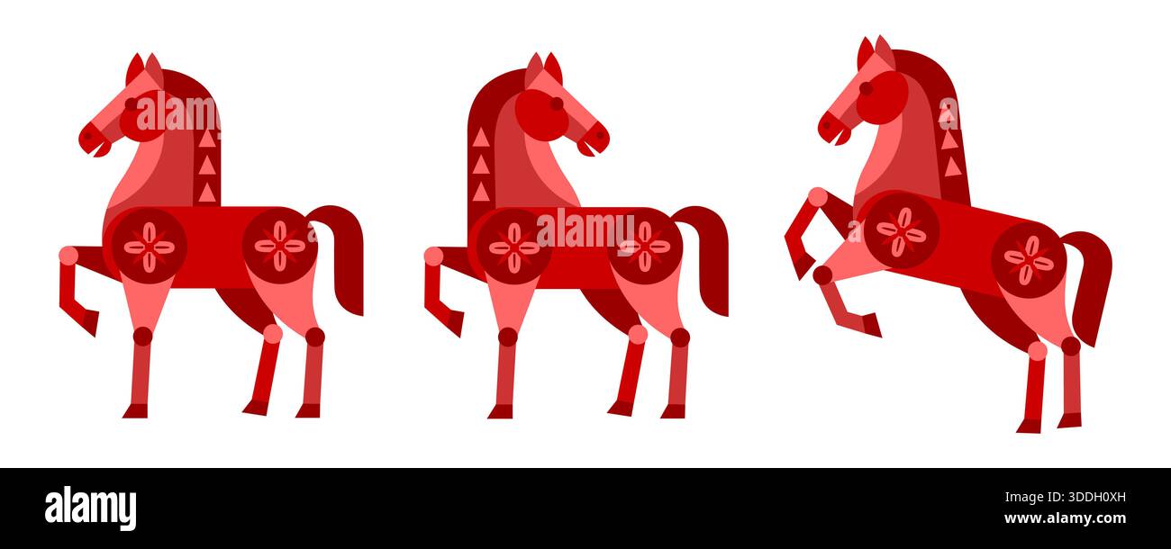 Set of three red folk art horse with geometric pattern. Stylized red ...