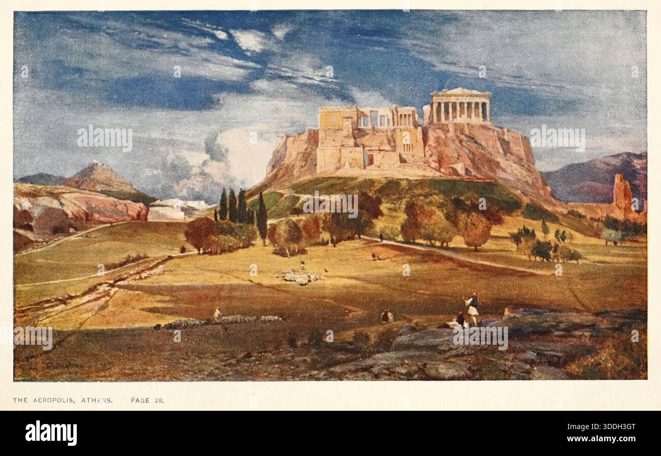 Ancient Acropolis and Parthenon temples standing on a hill above fields ...