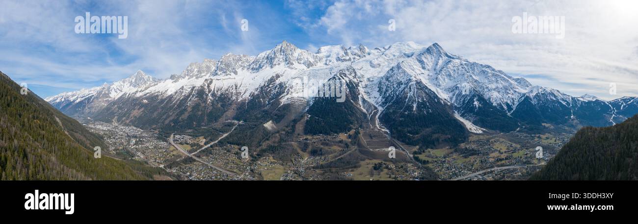 Expansive panorama of the Mont Blanc massif towering over the Chamonix ...