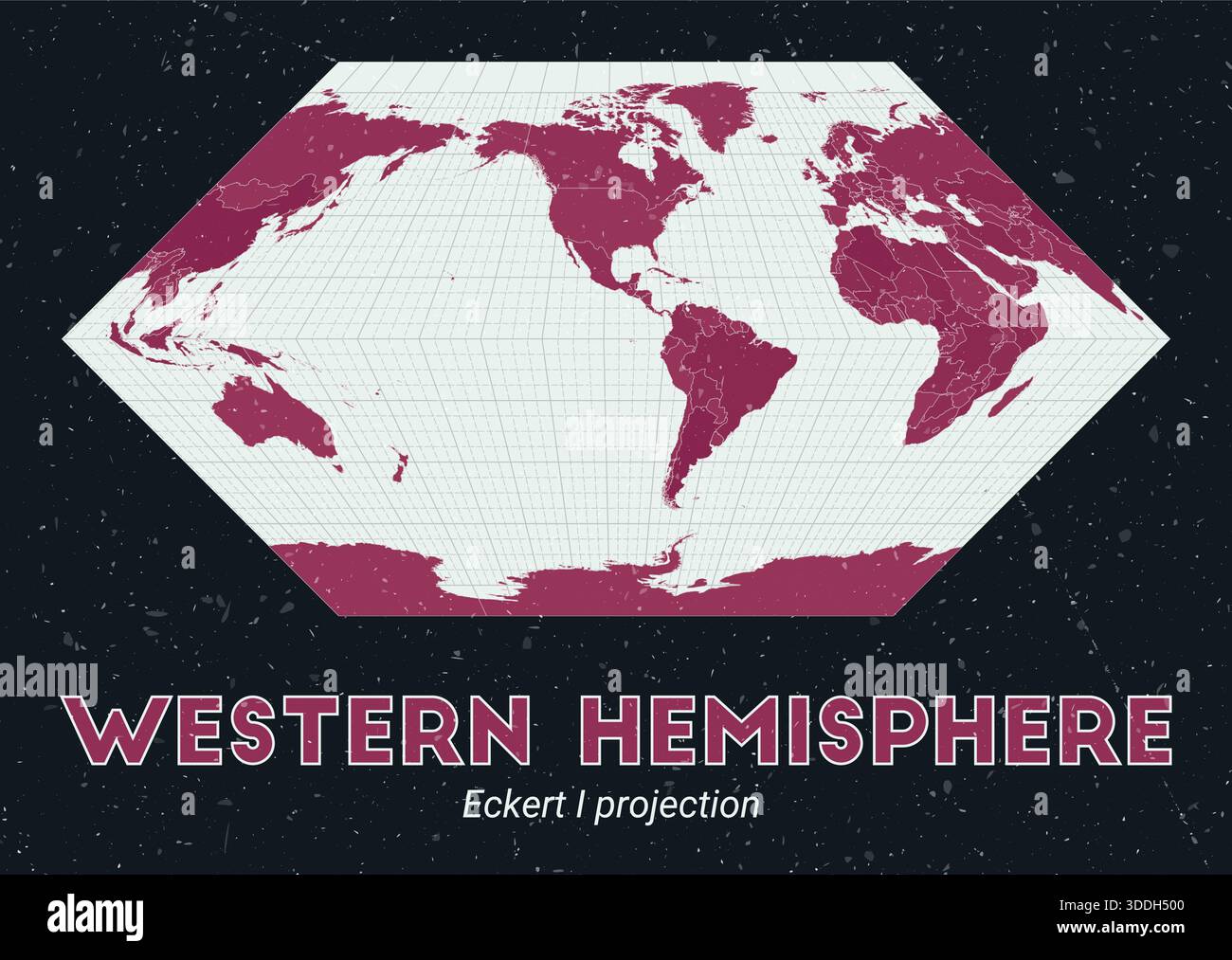 Western Hemisphere. World map. Eckert I projection centered to Western ...