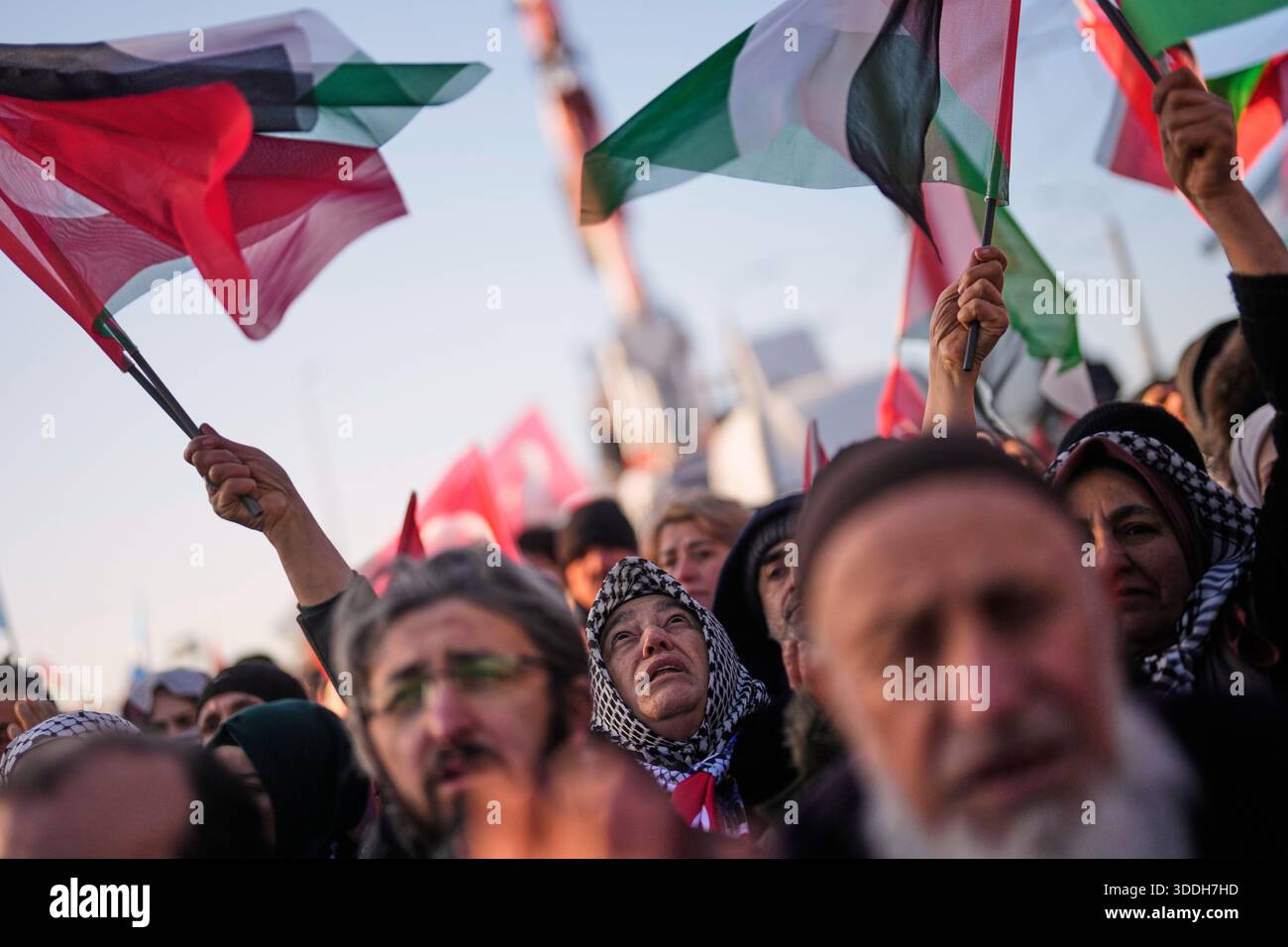Demonstrators gather on the Galata Bridge holding Palestinian and ...
