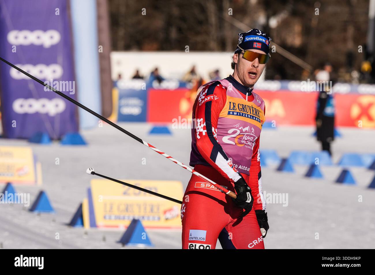 Toblach, Italy 20260101. Mattis Stenshagen finishes after 20 km pursuit ...