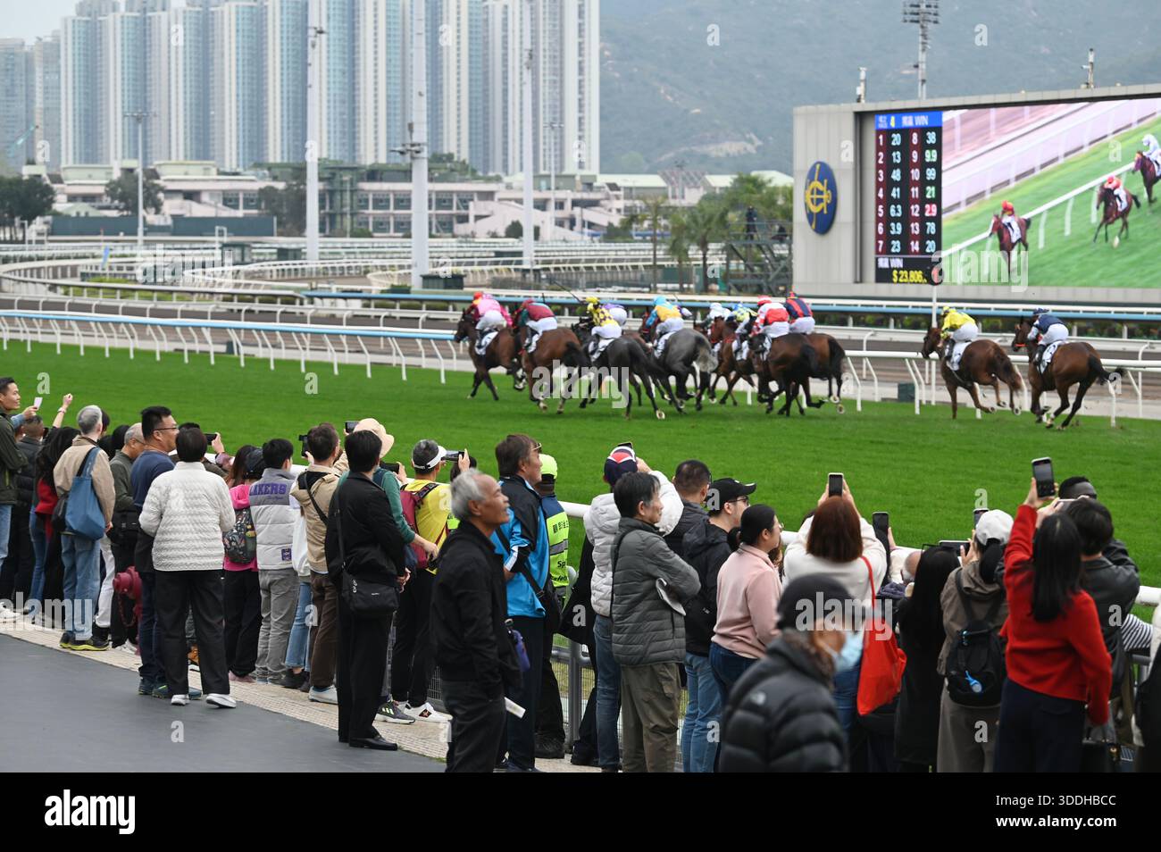 A general view showing the people watching horse racing at Sha Tin ...