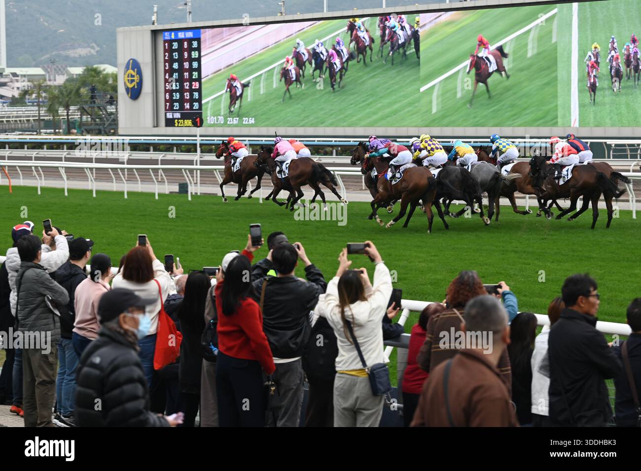 A general view showing the people watching horse racing at Sha Tin ...