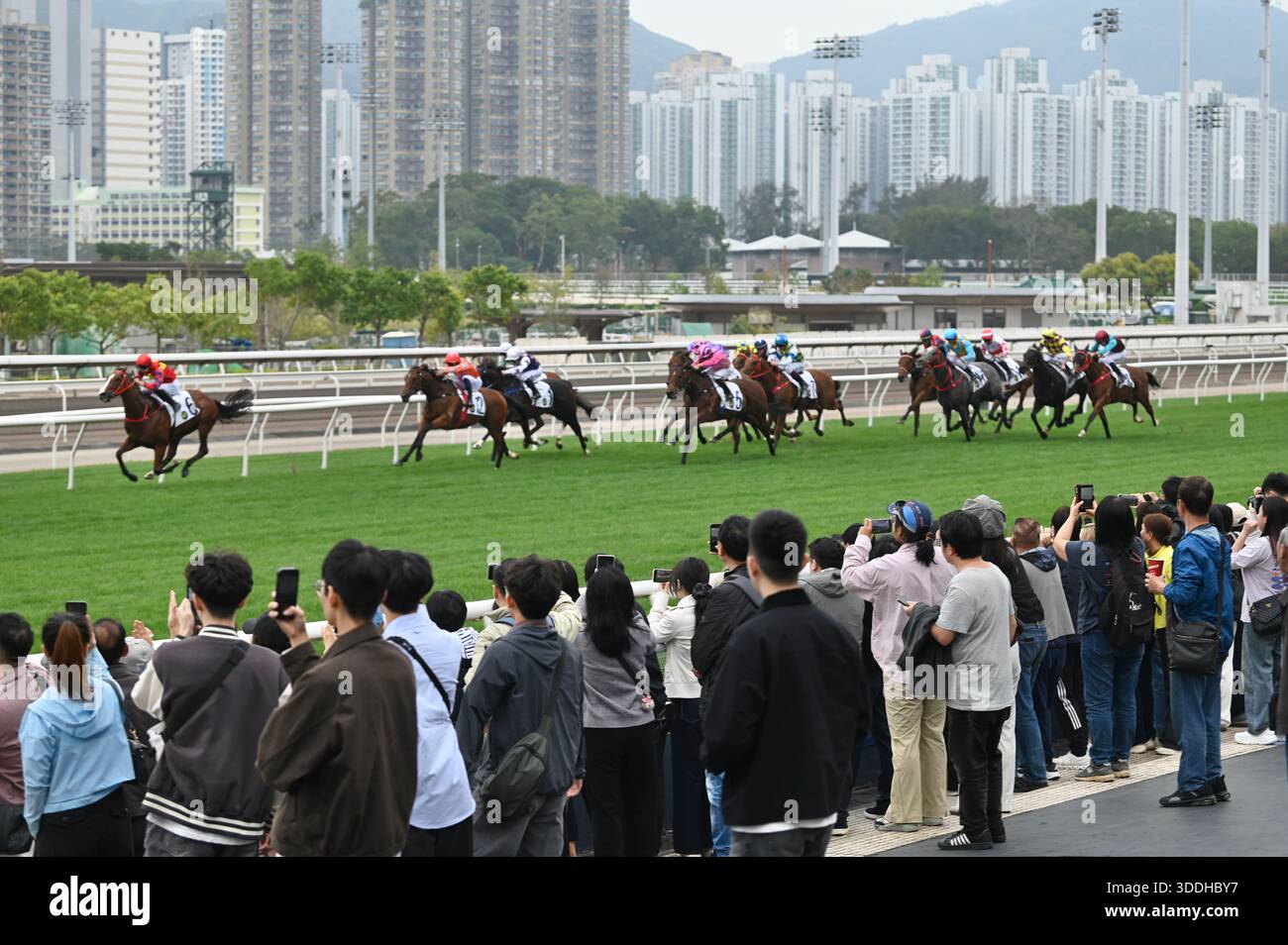 A general view showing the people watching horse racing at Sha Tin ...