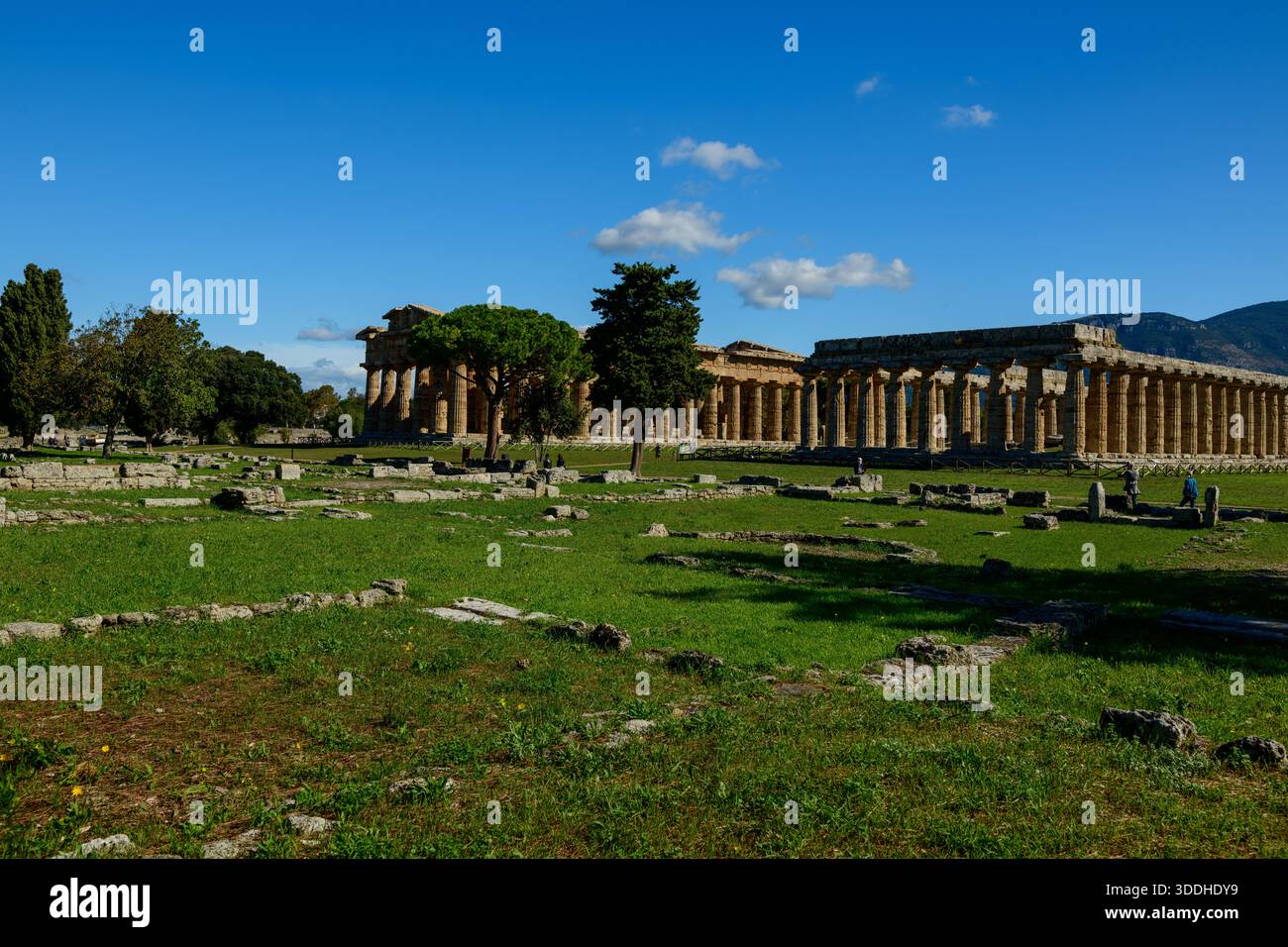 Ancient Greek temples and scattered stone ruins at Paestum, Italy ...