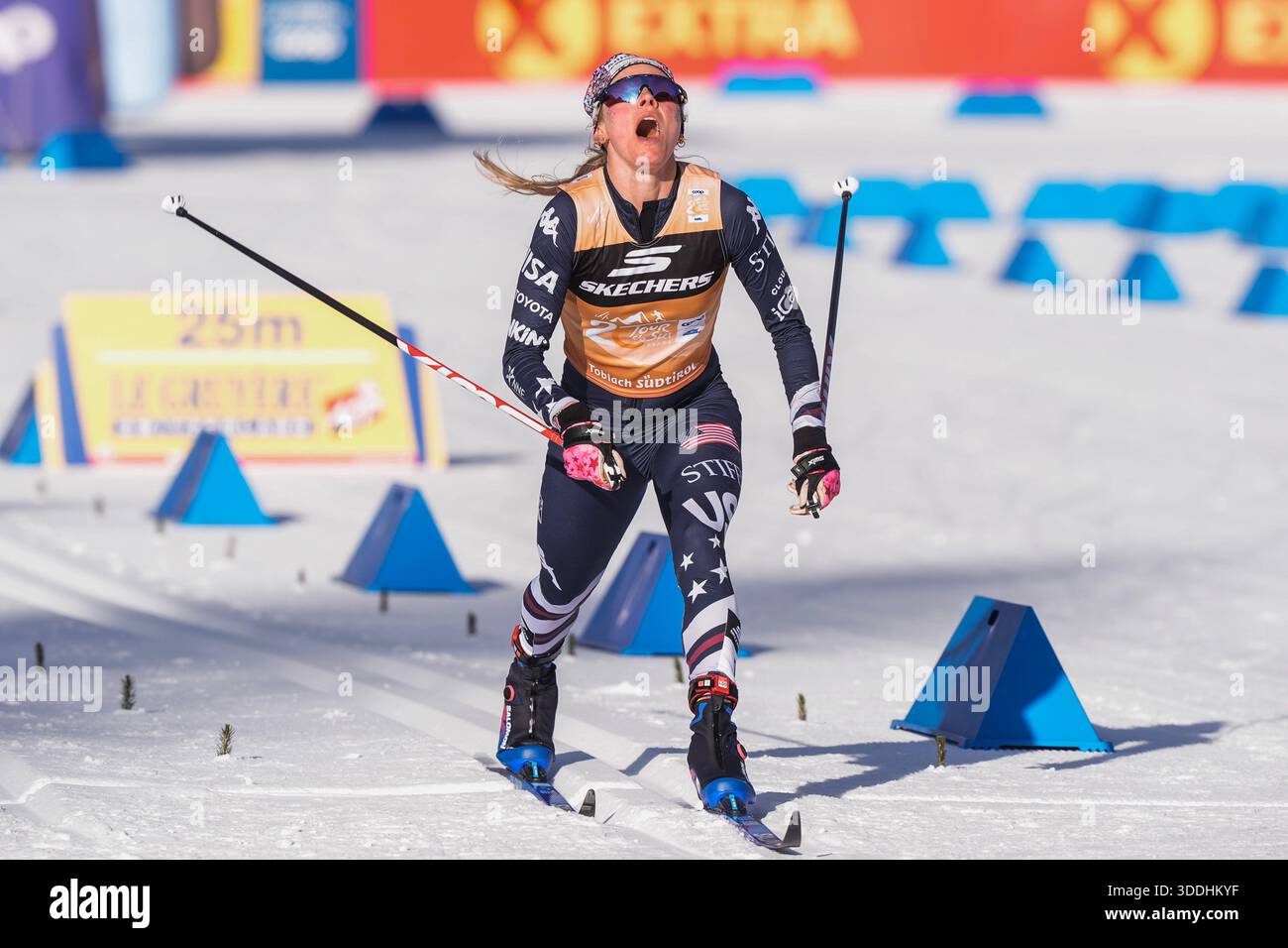 Toblach, Italy 20260101. USA's Jessie Diggins finishes after 20 km ...