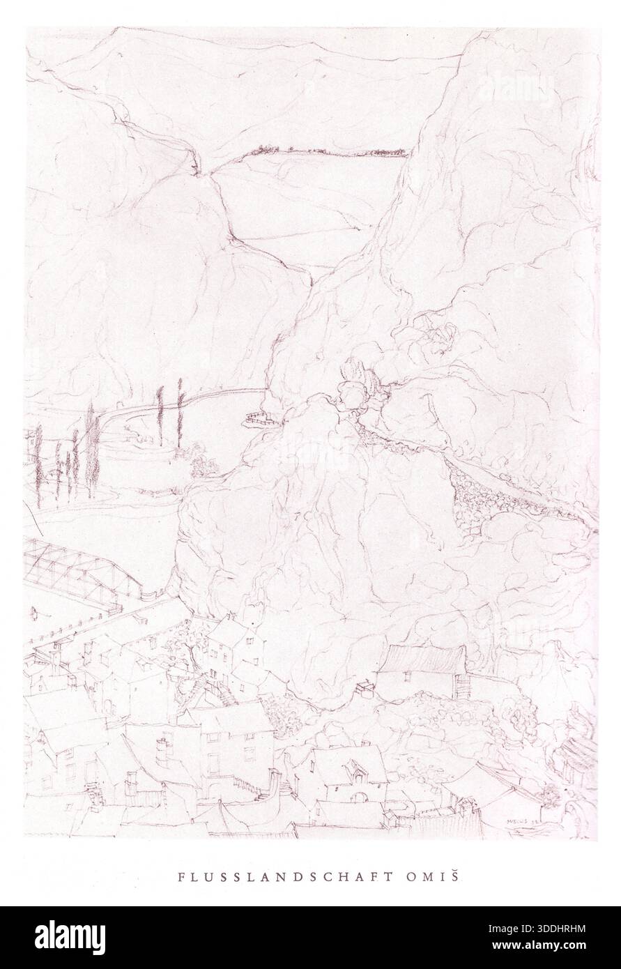 Rugged River Landscape With Cliffside Village At Omis A Detailed Pencil ...