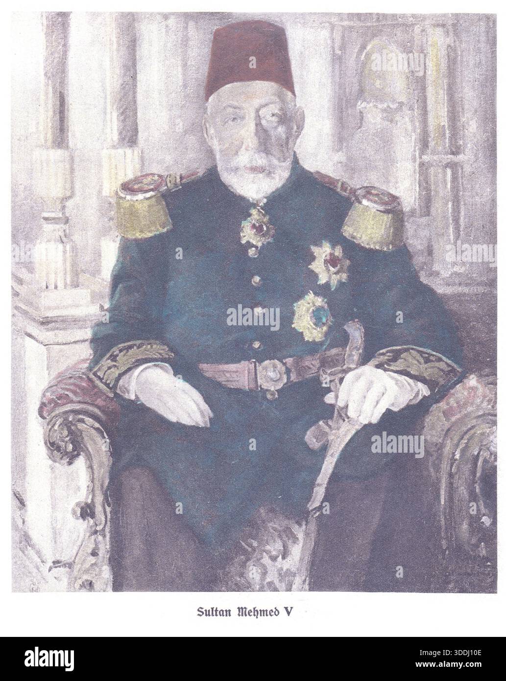 Ottoman Sultan in Ceremonial Uniform Seated on Ornate Chair with Medals ...