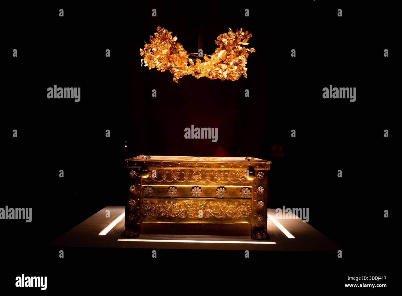 Ornate ancient Greek golden treasure exhibited in a museum, symbolizing ...