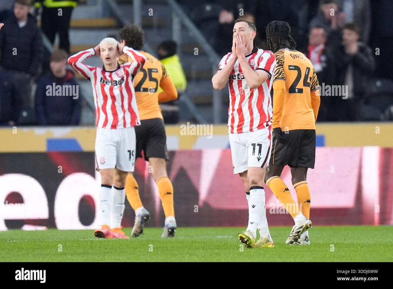 Stoke City's Robert Bozenik (right) reacts after shooting during the ...