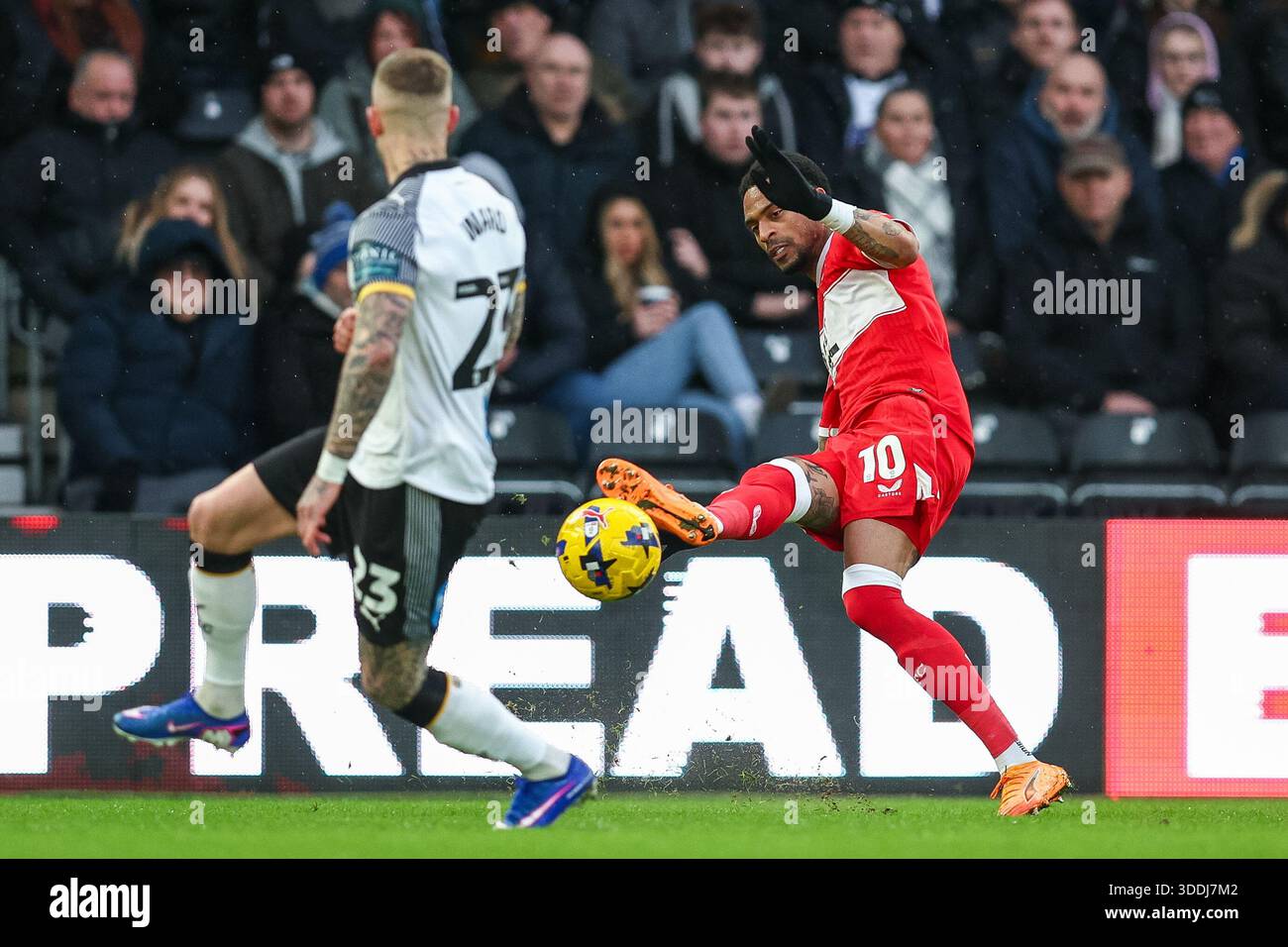 10, Delano Burgzorg of Middlesbrough FC fires the ball to the centre ...