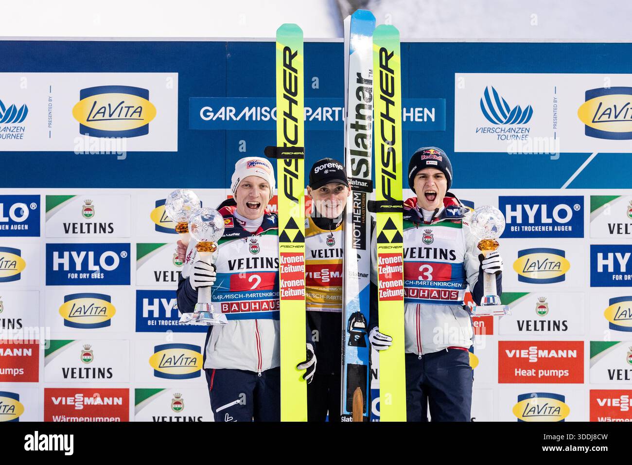 GARMISCH-PATENKIRCHEN, GERMANY - JANUARY 01: The podium Second Jan ...