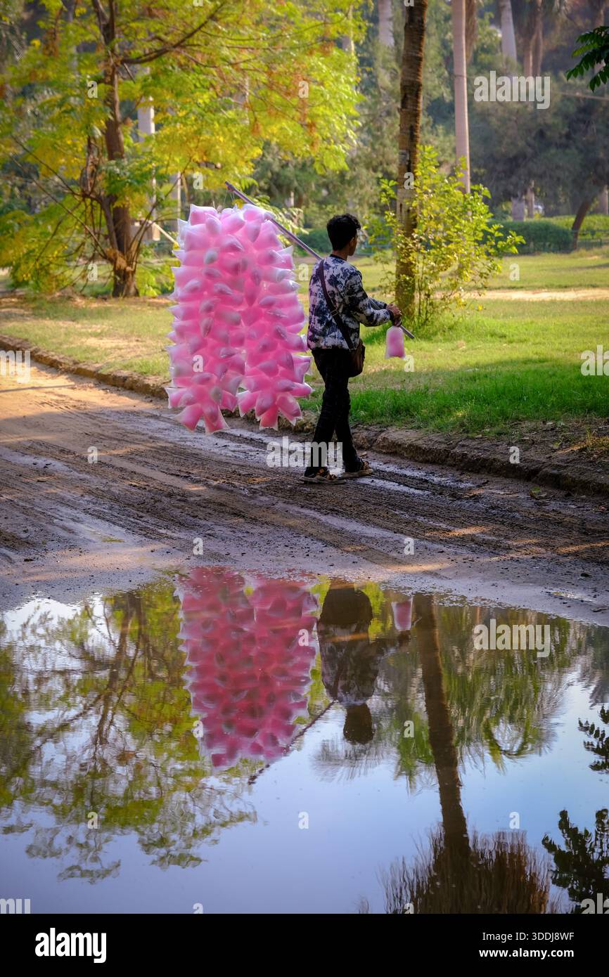 Cotton candy seller walking past rain puddle reflection in Orman Garden ...