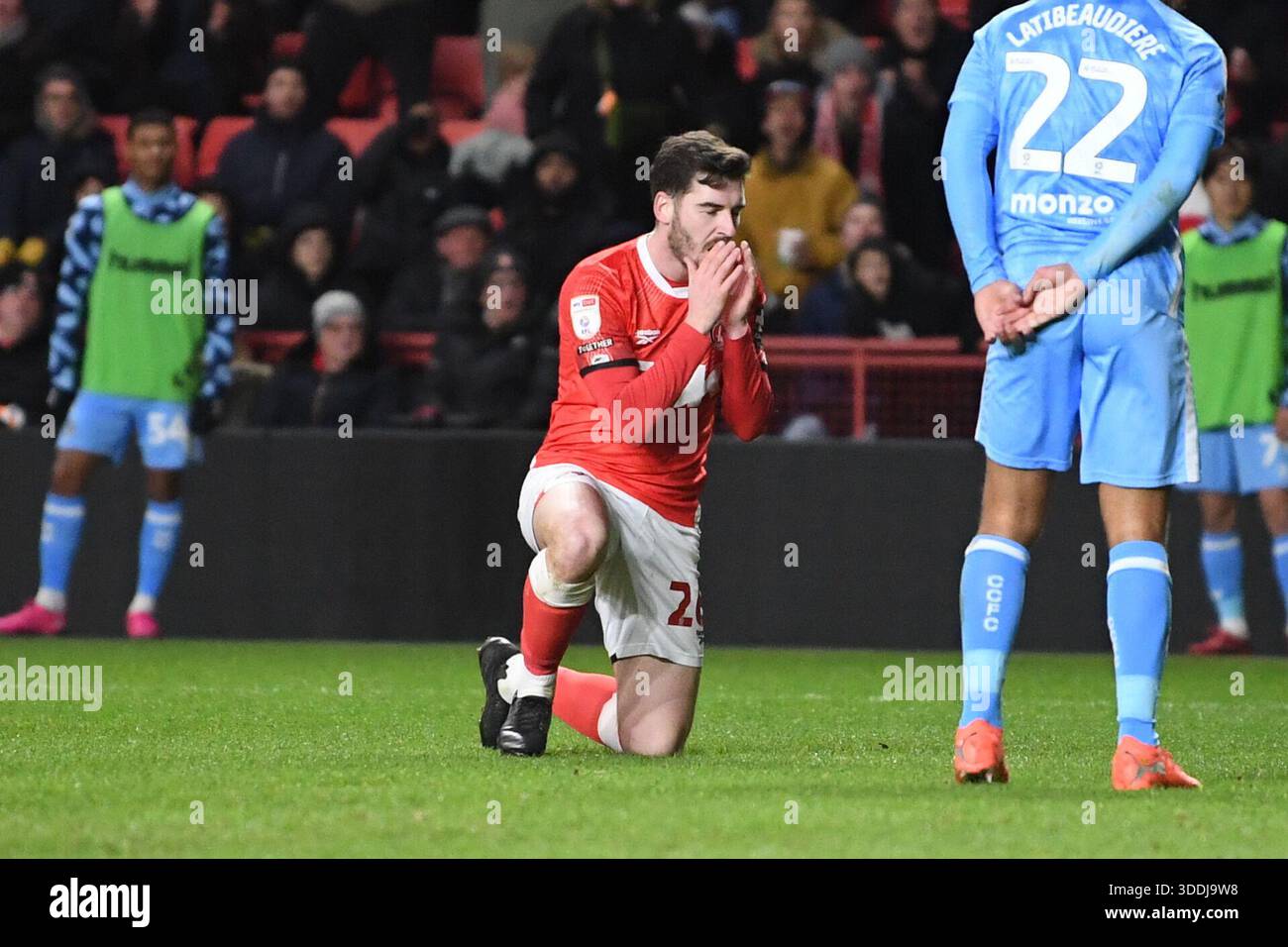 London, England. 1st Jan 2026. Joe Rankin-Costello reacts after missing ...