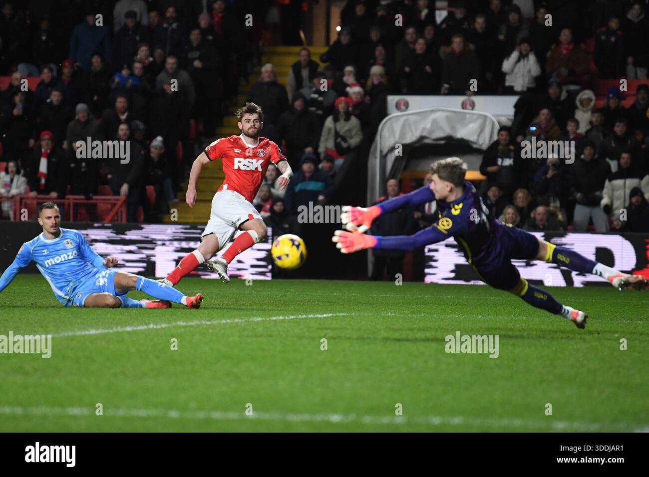 London, England. 1st Jan 2026. Carl Rushworth saves from Charlie Kelman ...