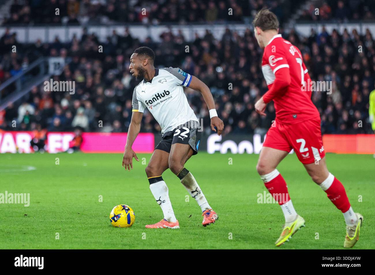 32, Ebou Adams of Derby County turns as he looks to attack during the ...