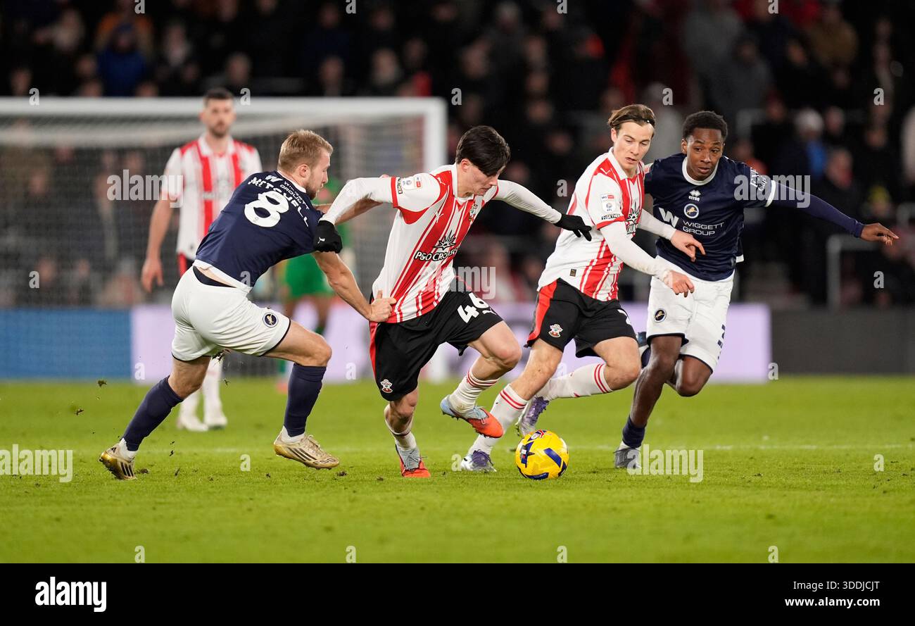 Southampton's Jay Robinson and Millwall's Billy Mitchell (left) battle ...