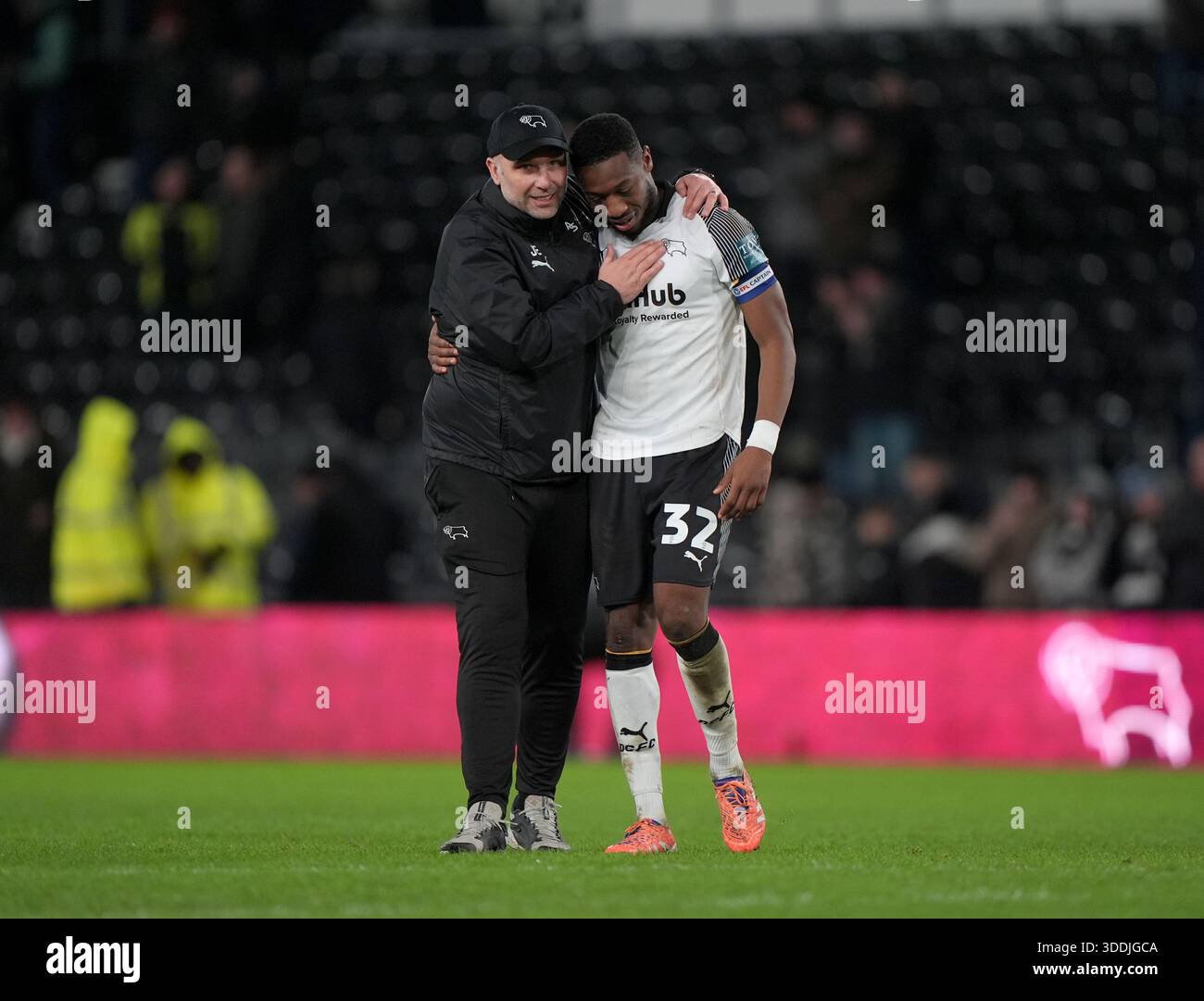 Derby County manager John Eustace and Ebou Adams after the final ...