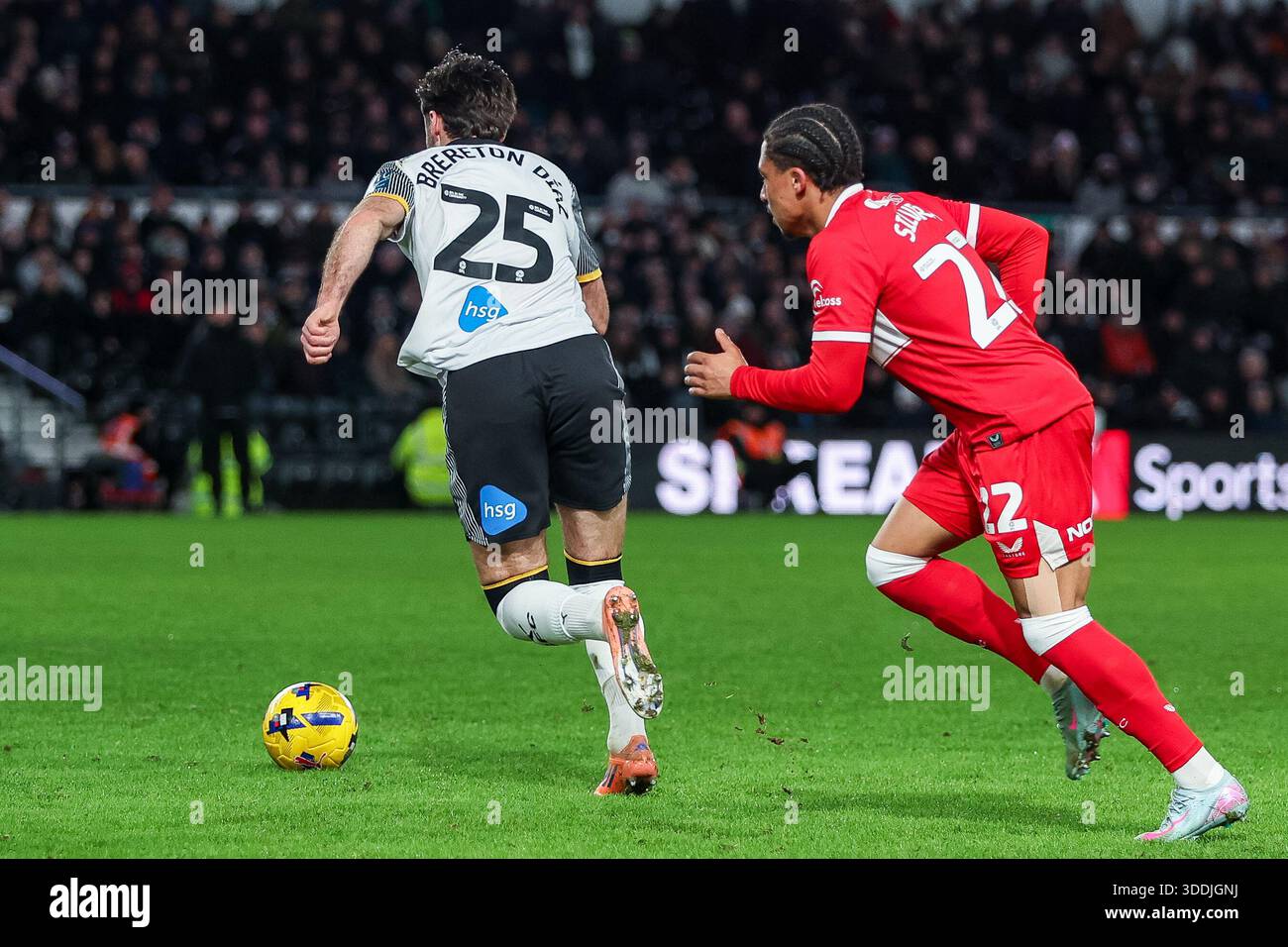 25, Ben Brereton Diaz of Derby County looks for space for a shot during ...