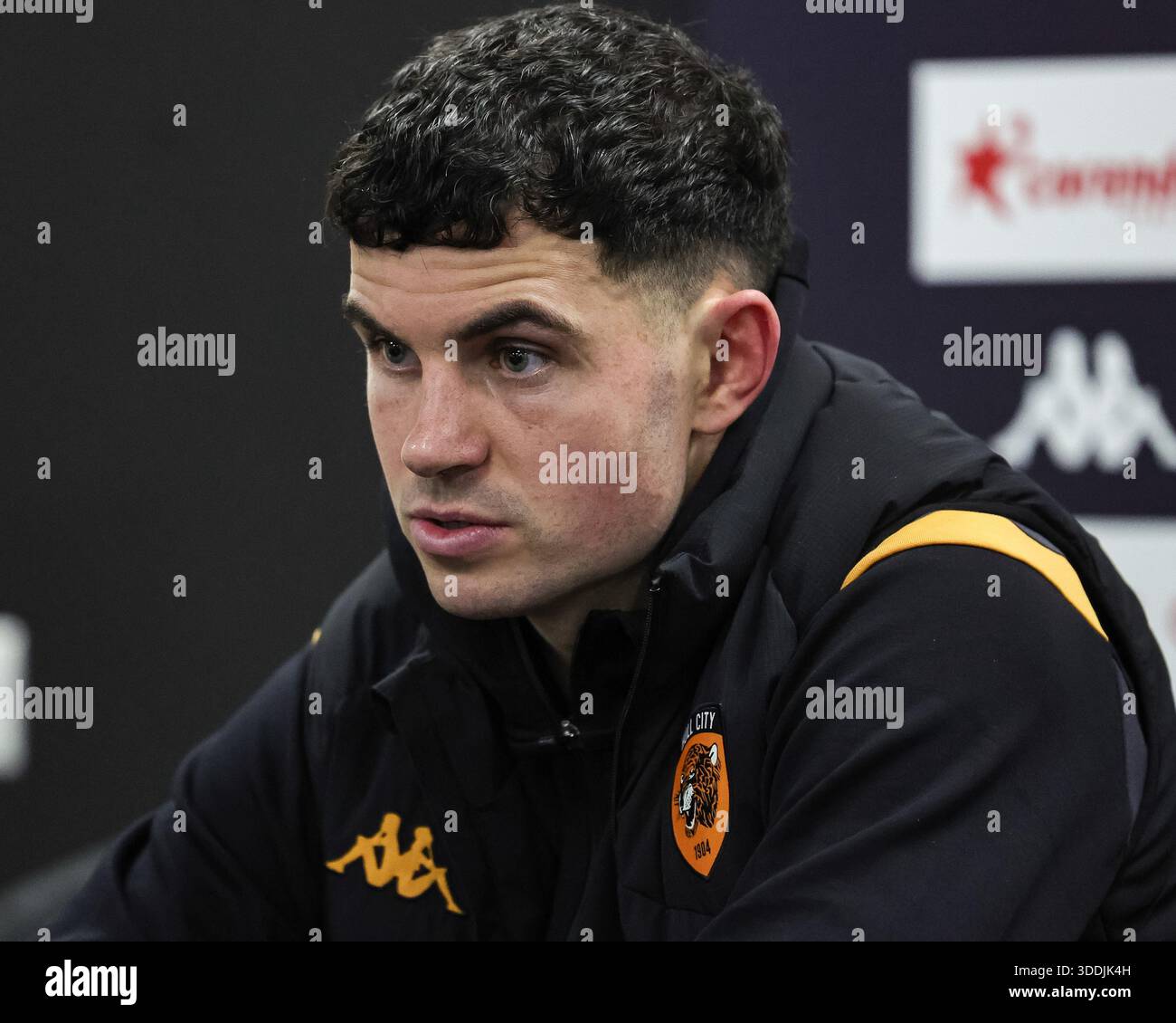 John Egan of Hull City speaks in the post match press conference during ...
