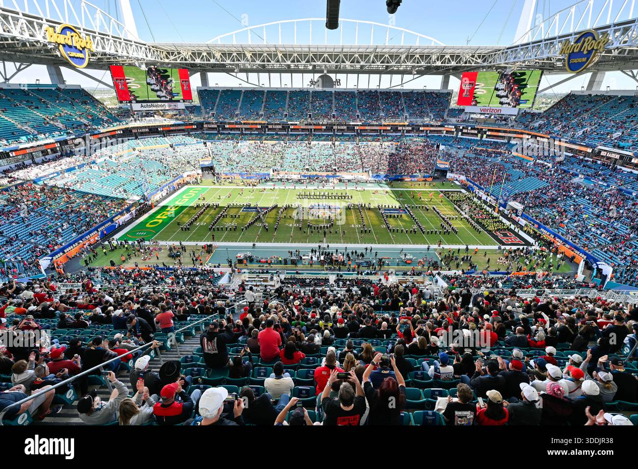 A view of the Texas Tech band on the field at Hard Rock Stadium before ...