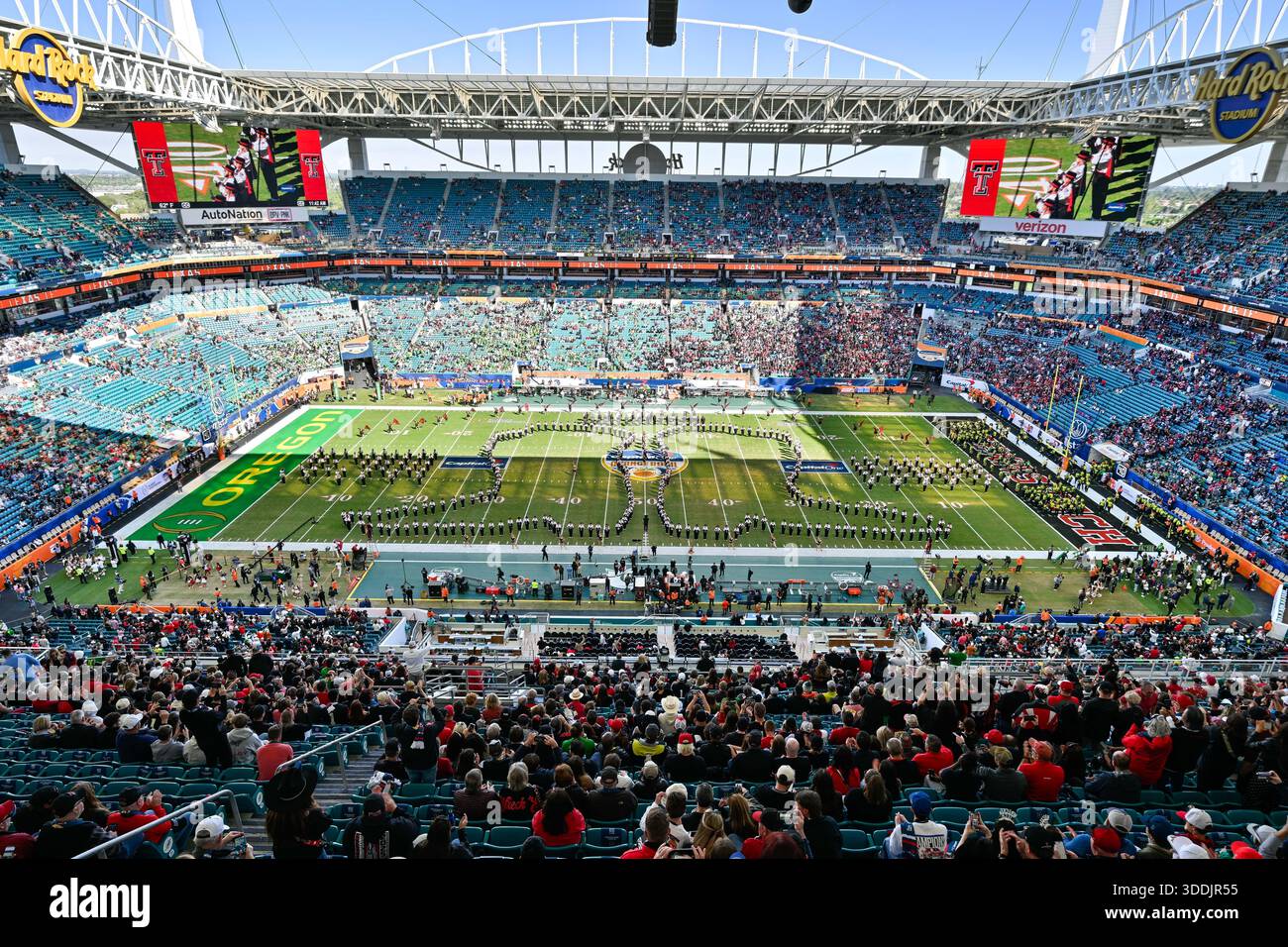 A view of the Texas Tech band on the field at Hard Rock Stadium before ...