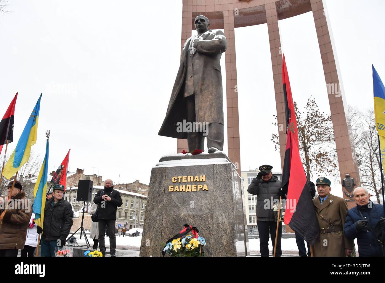 LVIV, UKRAINE - JANUARY 1, 2026: People gather at the monument of ...