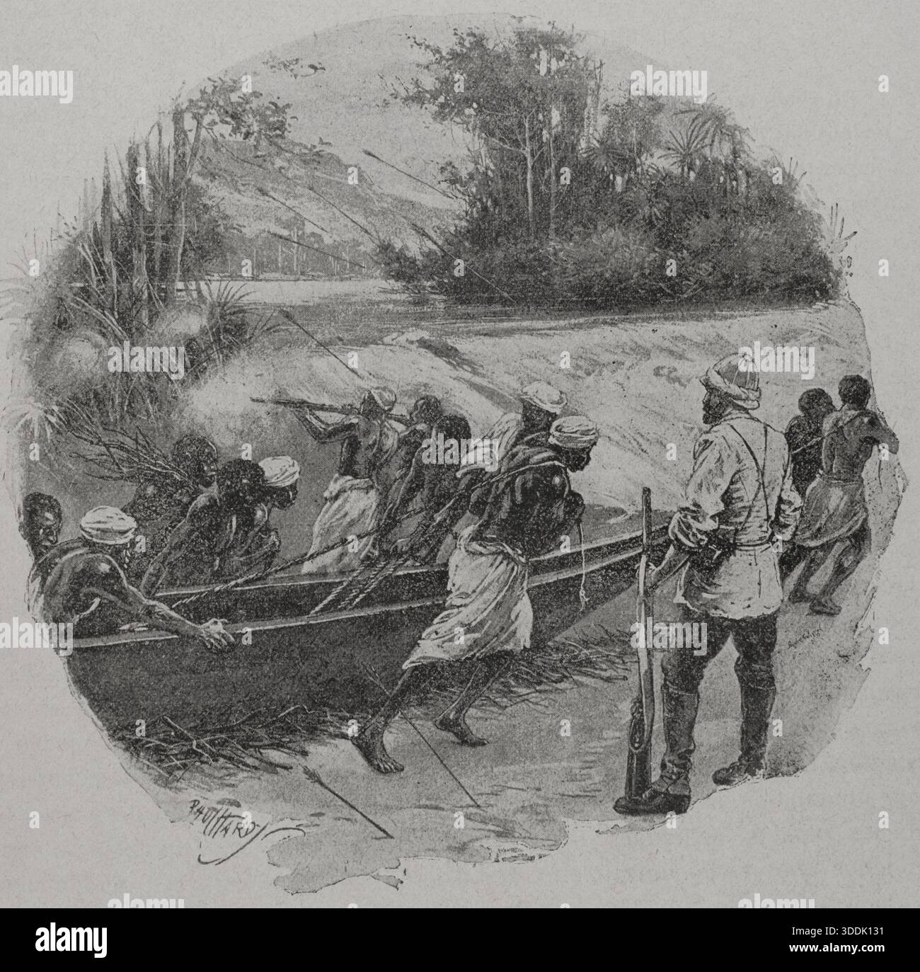 Africa. Stanley's expedition beset by cannibals at a cataract on the ...