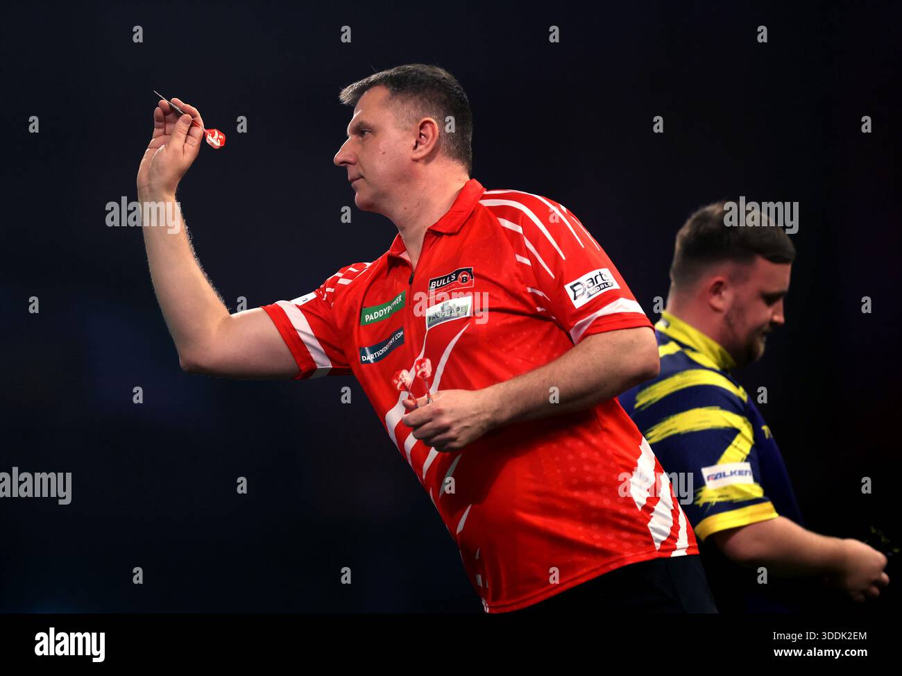 Poland's Krzysztof Ratajski (left) during his match against England's ...