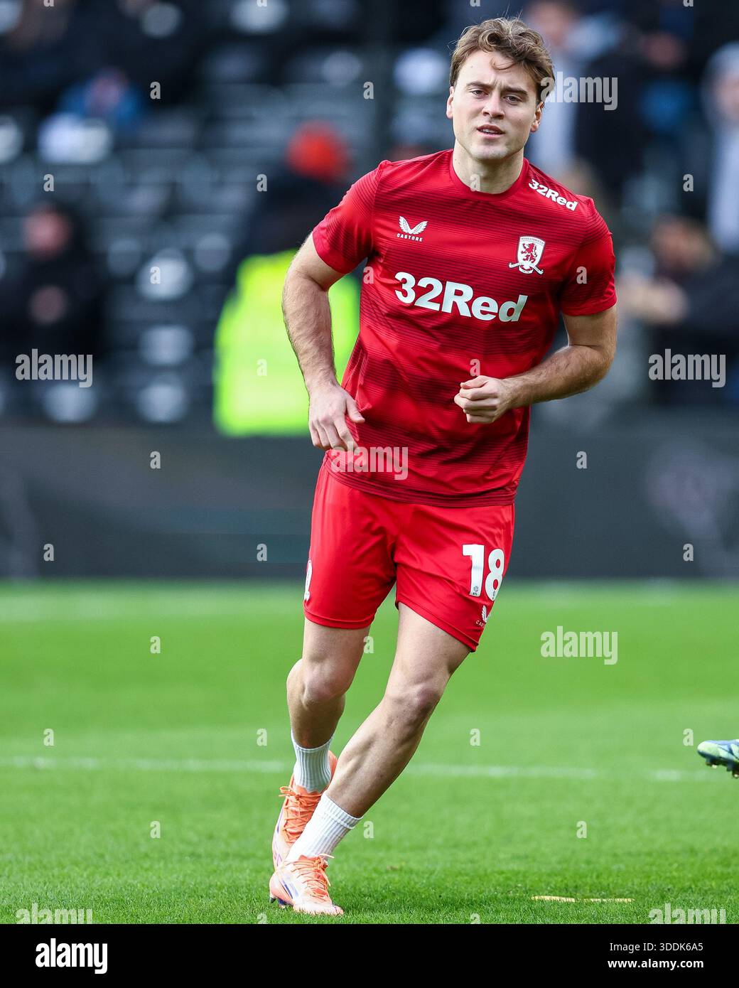 18, Aidan Morris of Middlesbrough FC at warm up during the Sky Bet ...