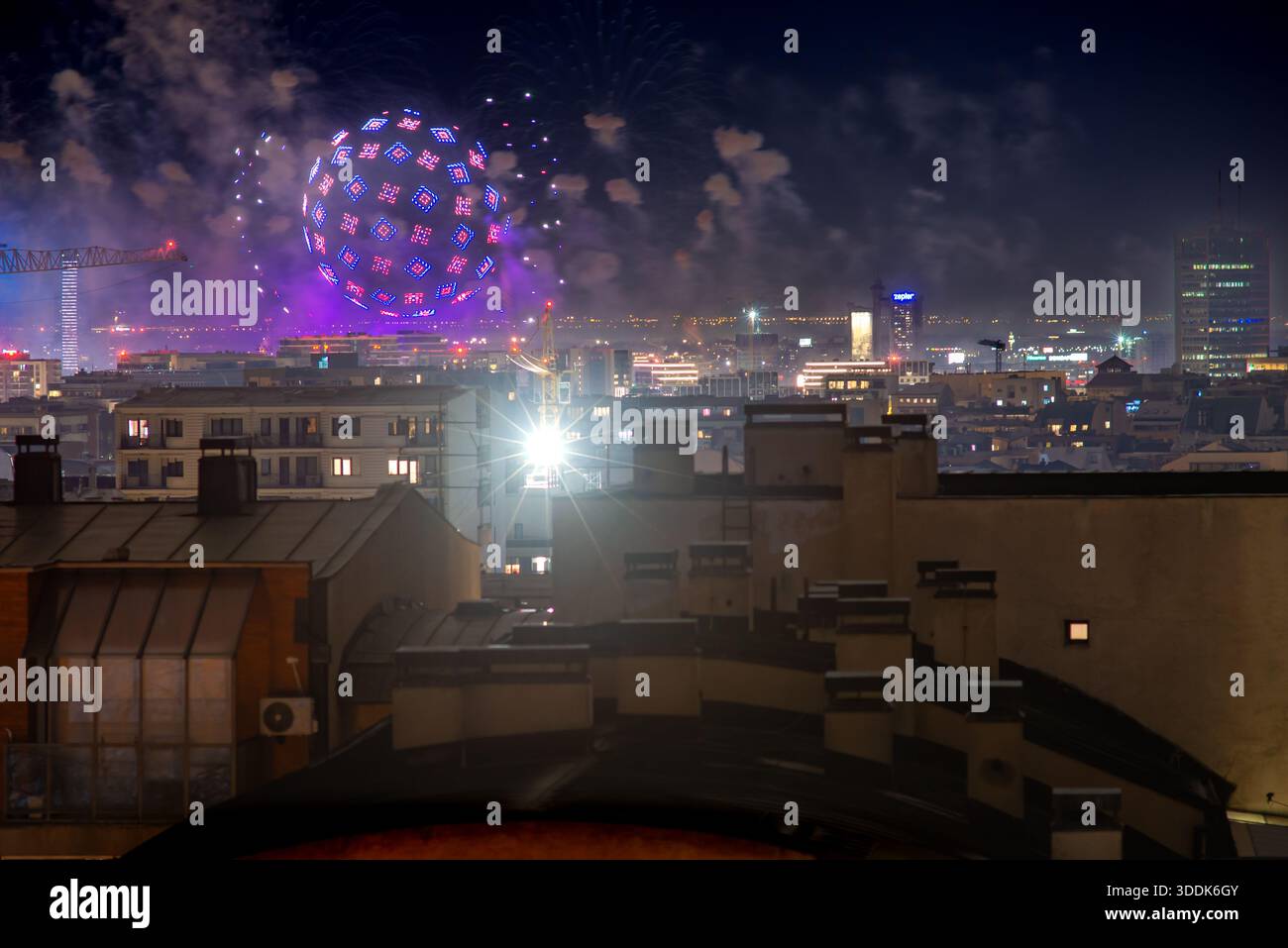 December 31, 2025, Belgrade, Serbia, Drone light sphere with blue and ...