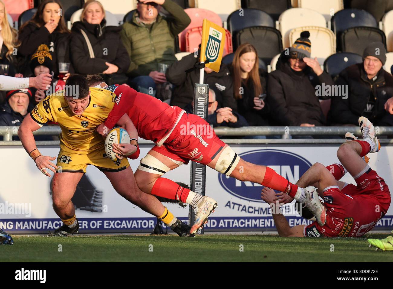 Oil Burrows of Dragons (l) is tackled. United Rugby Championship ...