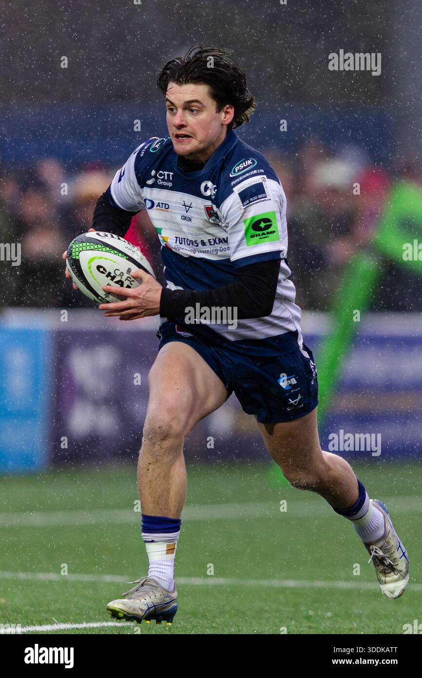 Coventry, England, UK, 1 January 2026. Tom Bacon of Coventry Rugby runs ...