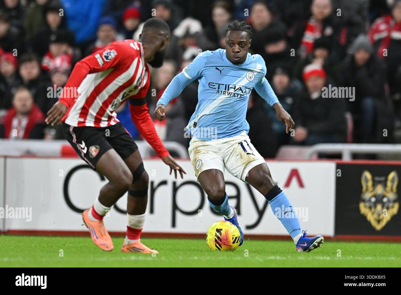 Manchester City's Jeremy Doku in action during the Premier League match ...