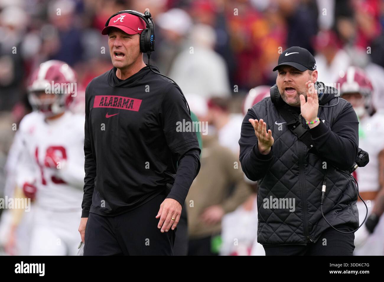 Alabama head coach Kalen DeBoer yells from the sideline during the ...