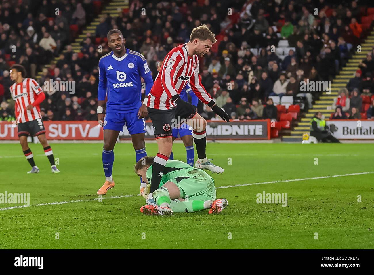 Jakub Stolarczyk saves at the feet of Patrick Bamford during the Sky ...